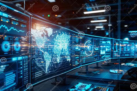 Modern Command Center With Multiple Digital Screens Displaying Global Data Graphics And