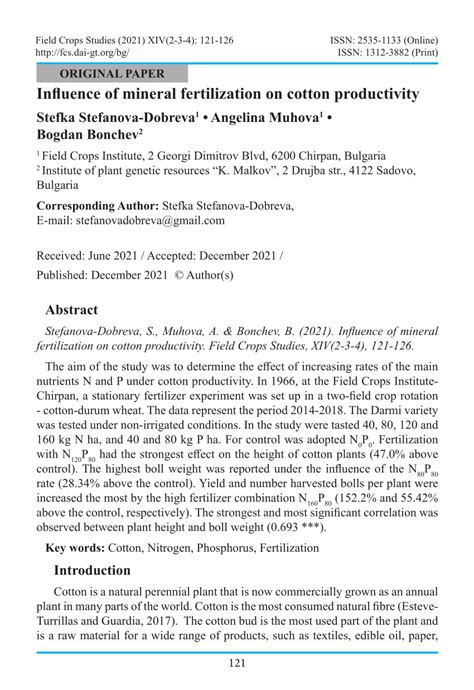Pdf Influence Of Mineral Fertilization On Cotton Productivity