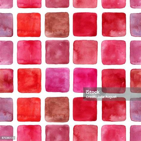 원활한 수채화 기하학적 패턴입니다 빨강 장미 및 분홍색 다채로운 사각형의 다양 한 음영을 나타냅니다 손으로 그린 수채화 그라데이션 페인트 수채화에 대한 스톡 벡터 아트 및