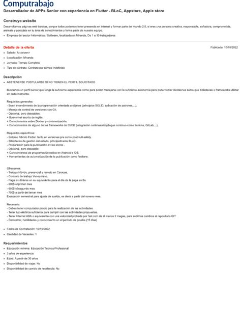 Desarrollador De Apps Senior Con Experiencia En Flutter Pdf