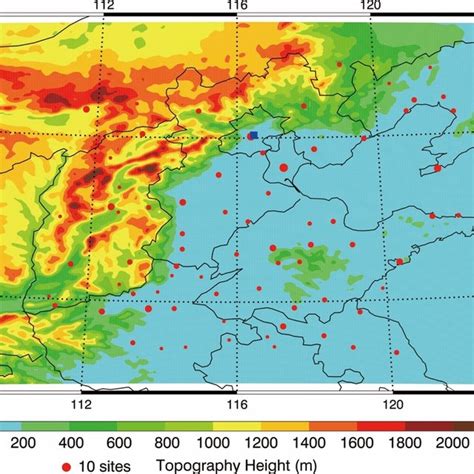 Wrf Chem Simulation Domain With Topography The Red Filled Circles Show Download Scientific