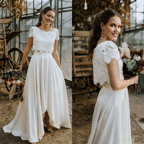Bohemian Two Pieces Wedding Dresses 2021 Lace Top Short Sleeve Bridal Roycebridal Official Store