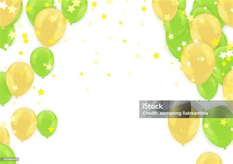 배경 벡터에 색종이 조각이 있는 풍선 기념일 생일 판매 및 프로모션 파티 디자인 요소를 위한 사실적인 벡터 일러스트레이션 녹색 노란색 공휴일에 대한 스톡 벡터 아트 및 기타