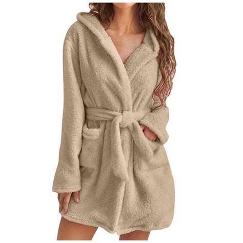 Dxhmoneyhx Fuzzy Robe For Women Short Belted Bathrobe Plush Fleece Kimono Robe Soft Solid Color