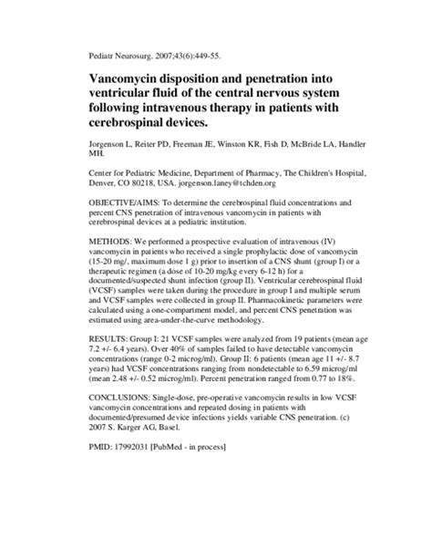 Pdf Vancomycin Disposition And Penetration Into Ventricular Fluid Of The Central Nervous