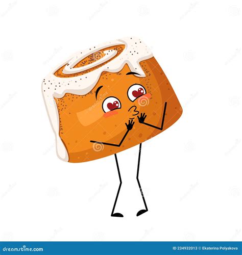 Cute Cinnamon Pastry Bun Character With Love Emotions Smile Face Arms