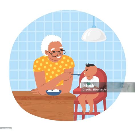 아기 의자에 앉아 손자를 먹이 행복 할머니 평면 벡터 일러스트 조부모 손자 관계 가정 생활에 대한 스톡 벡터 아트 및 기타 이미지 가정 생활 가정 주방 가정의 방
