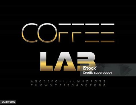 벡터 트렌디 한 엠블럼 Coffee Lab 독점 골드 알파벳 문자와 숫자 세트 고급에 대한 스톡 벡터 아트 및 기타 이미지