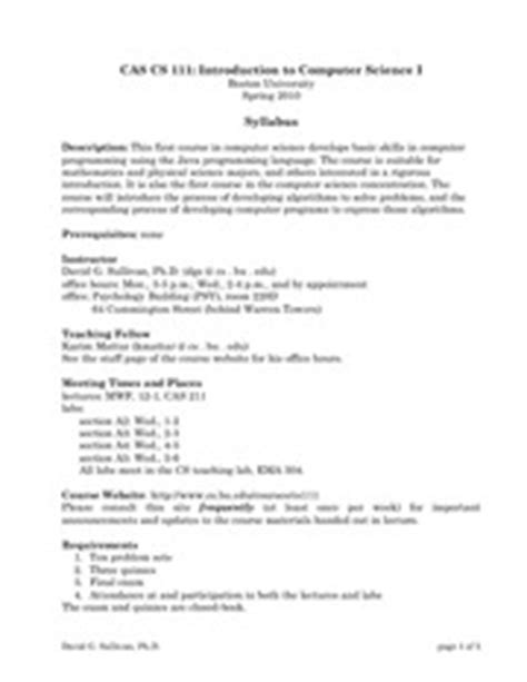 Syllabus CAS CS 111 Introduction To Computer Science I Boston University Spring 2010 Syllabus