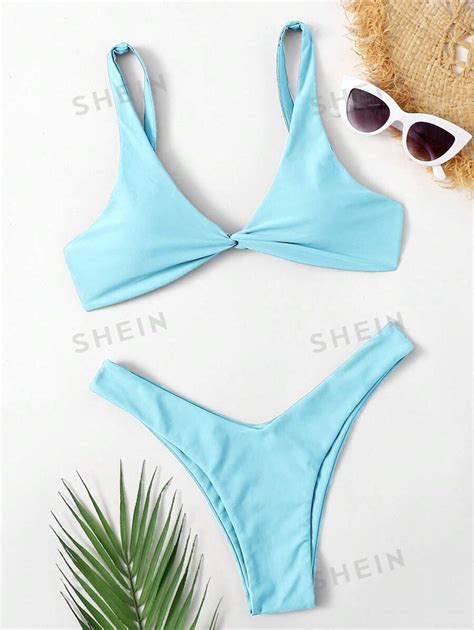 Shein Swim طقم بكيني عالي القطع ذو تصميم ملفوف لون واحد ، بكيني عطلة