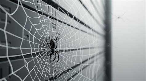 Minimalist Cyber Threat Black Spider Icon Entrapping White Server Outline Stock Illustration