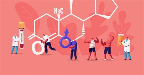 남성 건강 개념입니다 거대한 테스토스테론 공식에서 혈액 검사 플라스크를 가진 작은 캐릭터 환자와 의사 남자는 화성 표지판을 들고 있습니다 호르몬 진단 및 치료 만화