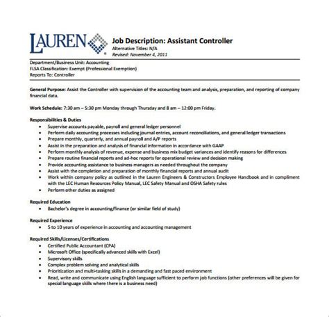 12 Controller Job Description Templates Free Sample Example Format Download