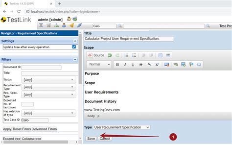 create requirement specification in testlink
