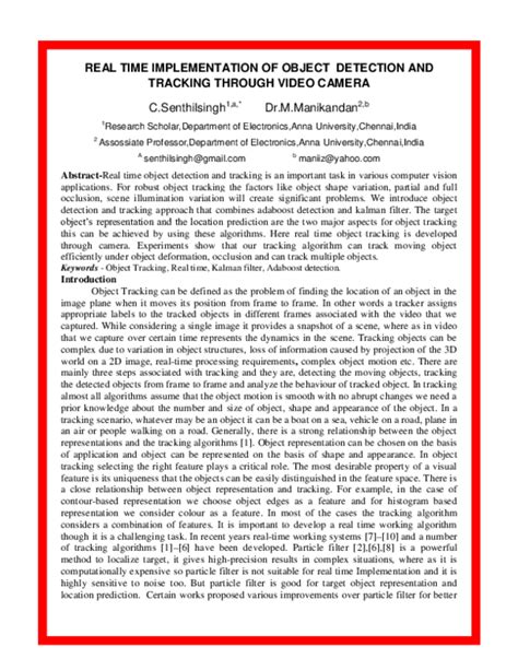Pdf Real Time Implementation Of Object Detection And Tracking Through Video Camera