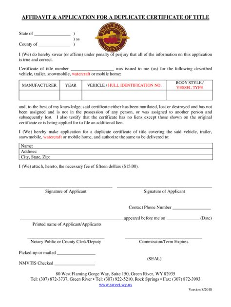 Fillable Online Affidavit And Application For A Duplicate Certificate Of Fax Email Print