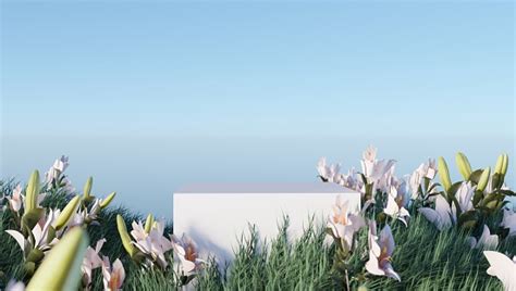 자연석과 꽃이있는 콘크리트 연단 포장 제품 프리젠 테이션을위한 빈 쇼케이스 화장품에 대한 배경 녹색 잎이있는 장면 받침대를 모의하십시오 3d 렌더링 강단에 대한 스톡 사진