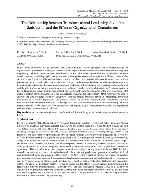 Pdf The Relationship Between Transformational Leadership Style Job Satisfaction And The Effect