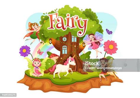 엘프 풍경 나무 푸른 잔디가 있는 아름다운 비행 요정 그림 웹 배너 또는 랜딩 페이지 템플릿을 위해 그린 평평한 만화 공주에 대한 스톡 벡터 아트 및 기타 이미지 Istock