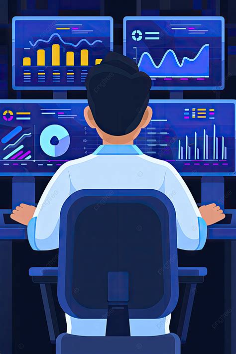 a data analyst sitting at his desk with multiple monitors displaying