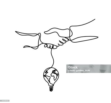흰색 배경에 선 그리기로 지구본 전구를 사용한 추상 악수 건강관리와 의술에 대한 스톡 벡터 아트 및 기타 이미지 건강관리와 의술 경제 계약서 Istock