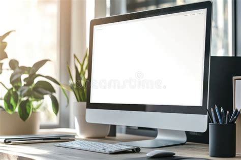 Minimalistic Workspace With A Blank Computer Screen Stock Image Image Of Tidy Minimalistic