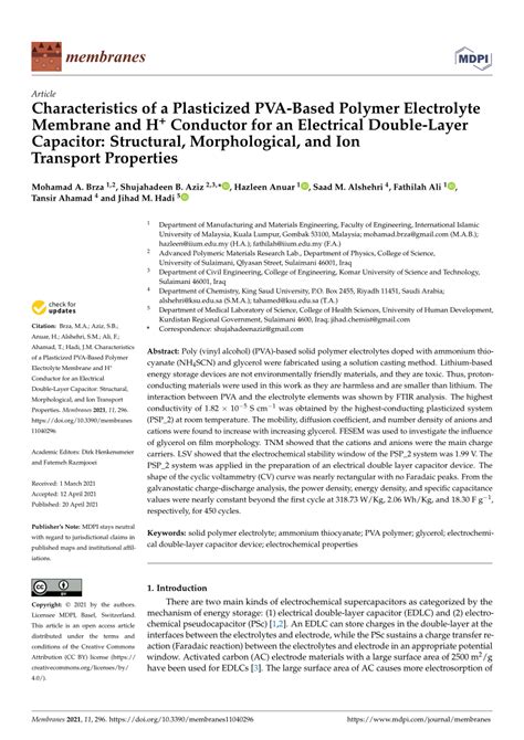 Pdf Characteristics Of A Plasticized Pva Based Polymer Electrolyte Membrane And H Conductor