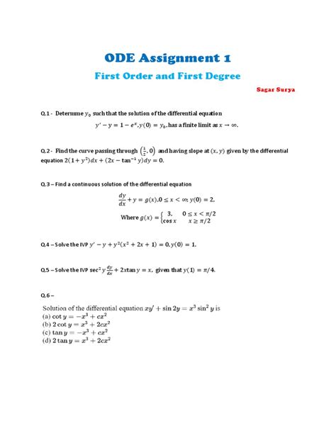 Ode Assignment 1 Frist Order And Degree Pdf