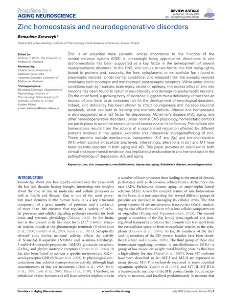 Pdf Zinc Homeostasis And Neurodegenerative Disorders