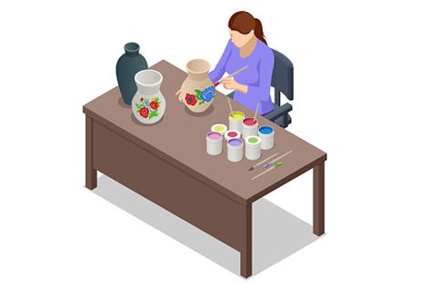 아이소메트릭 도자기 워크숍 도예가가 손으로 만든 그릇을 그리는 붓을 사용합니다 도자기 공방 도자기 취미 수공예 토기 등측투영법에 대한 스톡 벡터 아트 및 기타 이미지