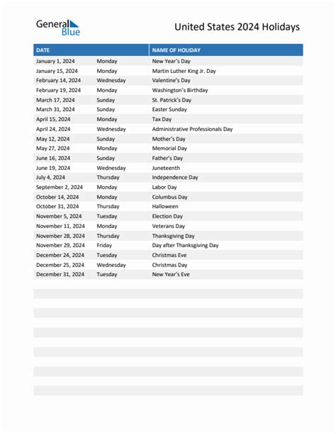 2024 United States List Of Holidays In Pdf Word And Excel