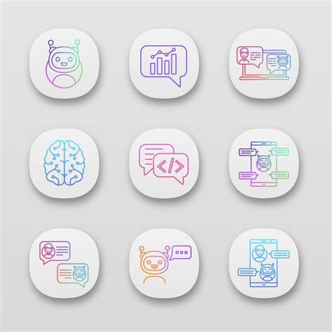 Chatbots App Icons Set Ui Ux User Interface Graph Support Code