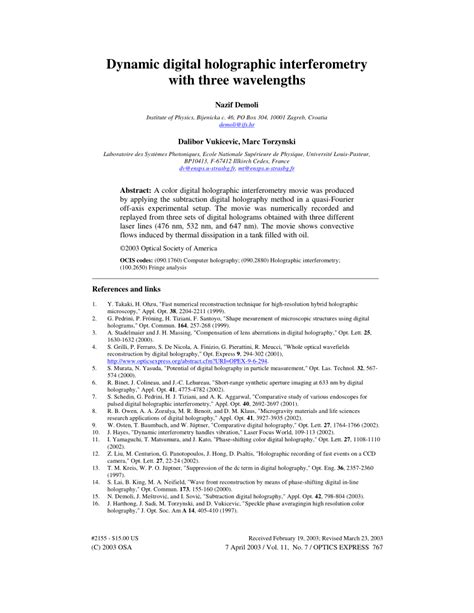 Pdf Dynamic Digital Holographic Interferometry With Three Wavelengths