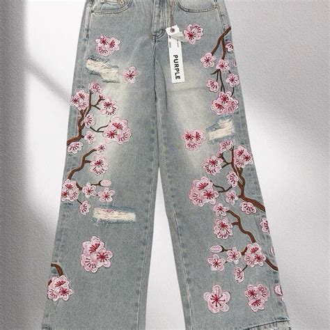 Purple Cherry Blossom Embroidered Denim Jeans Depop Embroidered