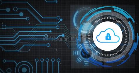 Image Of Motherboard Network And Circular Scanner Processing Cloud And Padlock Icon On Black