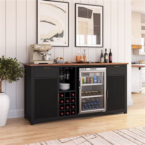 84 Inch Gary Modern Black Bar Cabinet With Mini Fridge Space Home Bar