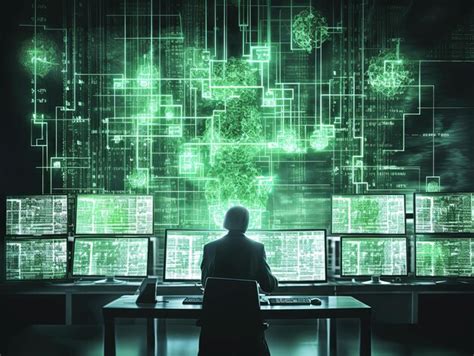 premium ai image rear view of hacker sitting at desk in front of computer monitors with