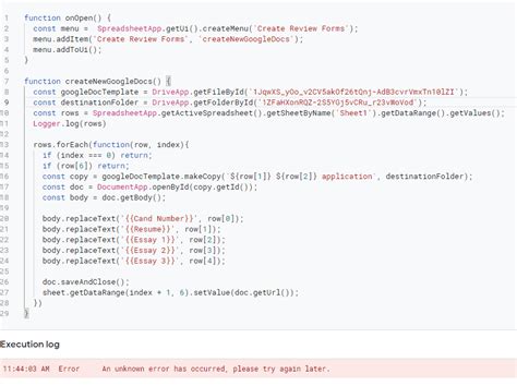 Javascript Google Docs Script Giving Unspecified Error Unsure Of