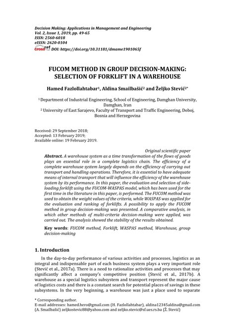 Pdf Fucom Method In Group Decision Making Selection Of Forklift In A