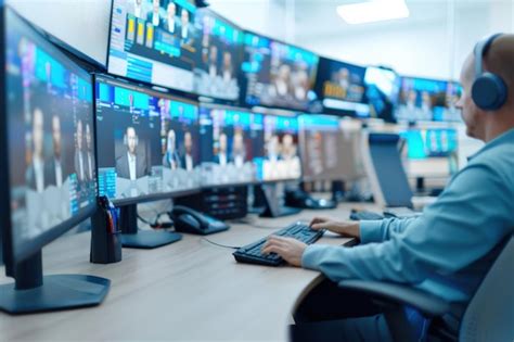 Premium Photo A Man In A Security Operations Center Monitors Multiple Screens Displaying Video