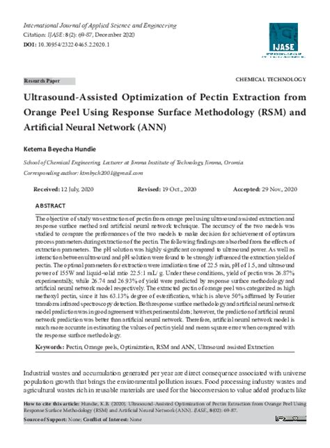 Pdf Ultrasound Assisted Optimization Of Pectin Extraction From Orange Peel Using Response