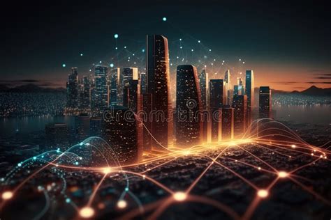 Smart City And Abstract Dot Point Connect With Gradient Line And Aesthetic Intricate Wave Line