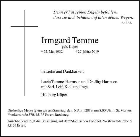 Traueranzeigen Von Irmgard Temme Trauer In Nrwde