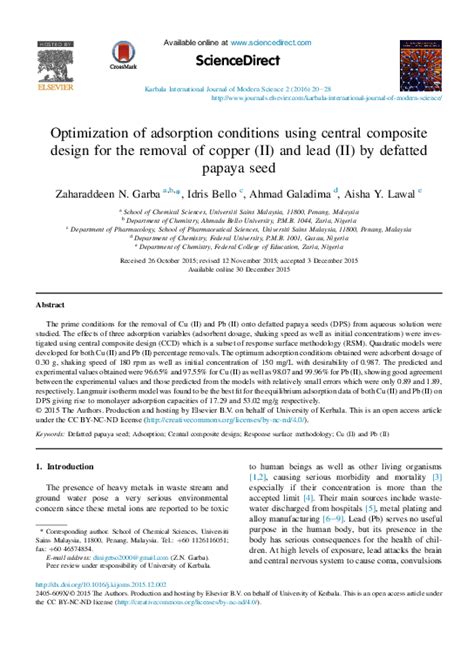 Pdf Optimization Of Adsorption Conditions Using Central Composite Design For The Removal Of