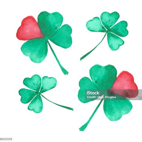 클로버잎은 붉은 하트가 있습니다 행운의 상징과 수채화 네 잎 Shamrock 아일랜드 발렌타인 데이에 대한 낭만적 인 그림 성 패트릭의 날 네잎 클로버에 대한 스톡 벡터