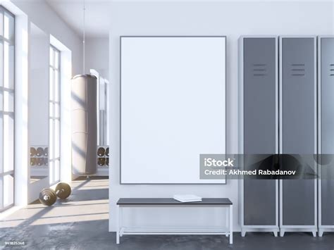 장면 3 차원 일러스트 레이 션 스포츠 체육관 피트 니스 탈의실 벽 흰색 관점 그림을 모의 체육관에 대한 스톡 사진 및 기타 이미지 Istock