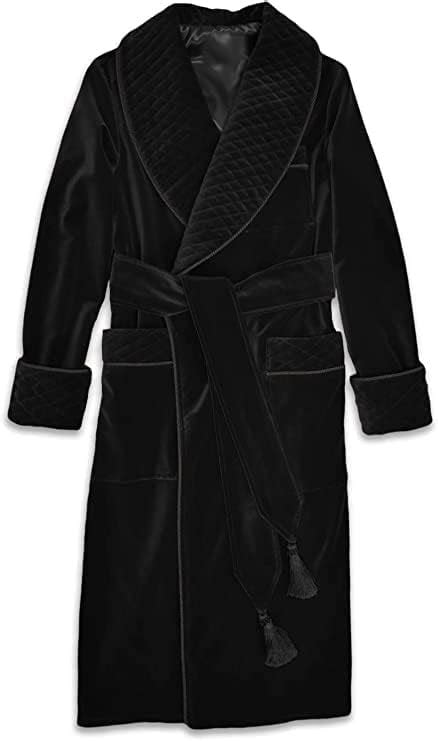 Mens Velvet Dressing Gown Black Quilted Luxury Gentleman Quilted Robes