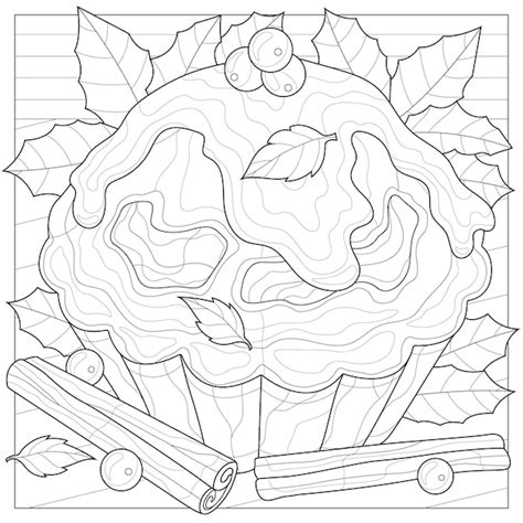 홀리 베리와 계피를 곁들인 머핀 어린이와 성인을 위한 색칠 공부 책 안티스트레스 젠탱글 스타일 흑백 그림 프리미엄 벡터