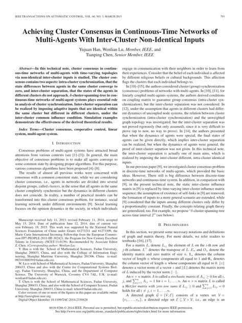 Pdf Achieving Cluster Consensus In Continuous Time Networks Of Multi