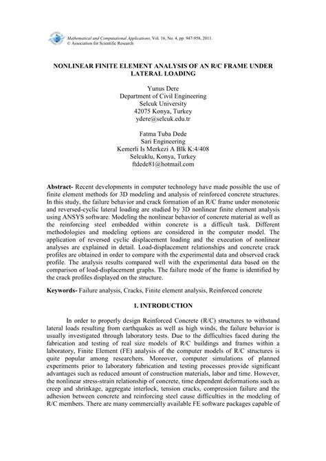 Pdf Nonlinear Finite Element Analysis Of An R C Frame Under Lateral Loading